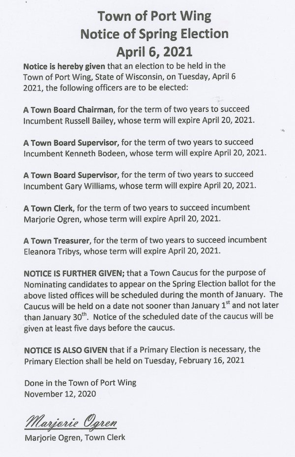 4/6/2021 – Notice of Spring Election – Town of Port Wing